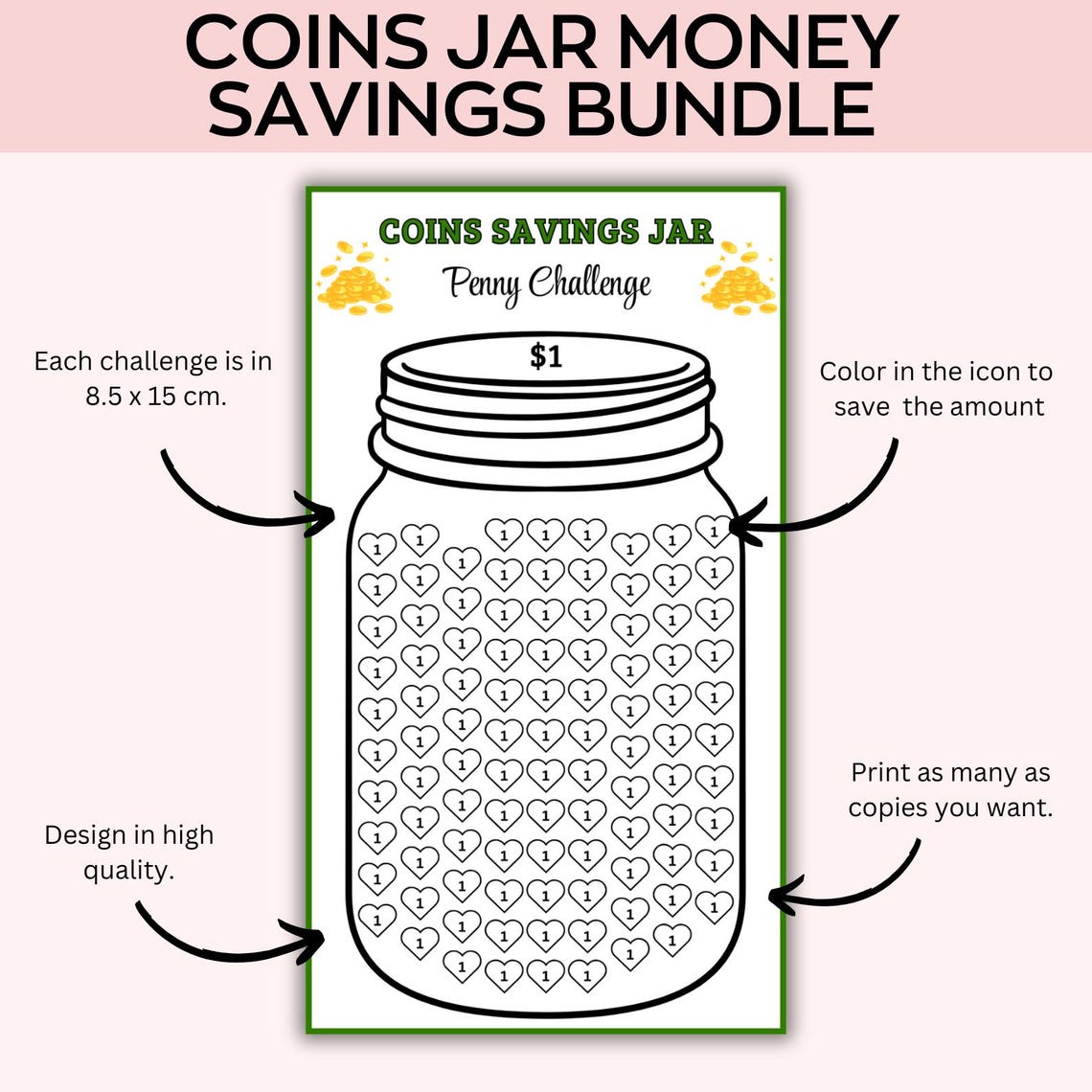 Coin Jars Money Savings Challenge, A6 Printable Coin Saving Tracker, A6 ...