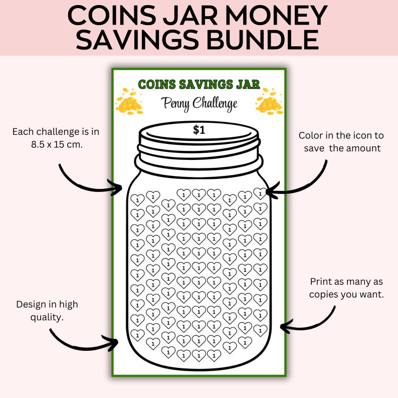 Coin Jars Money Savings Challenge, A6 Printable Coin Saving Tracker, A6 ...