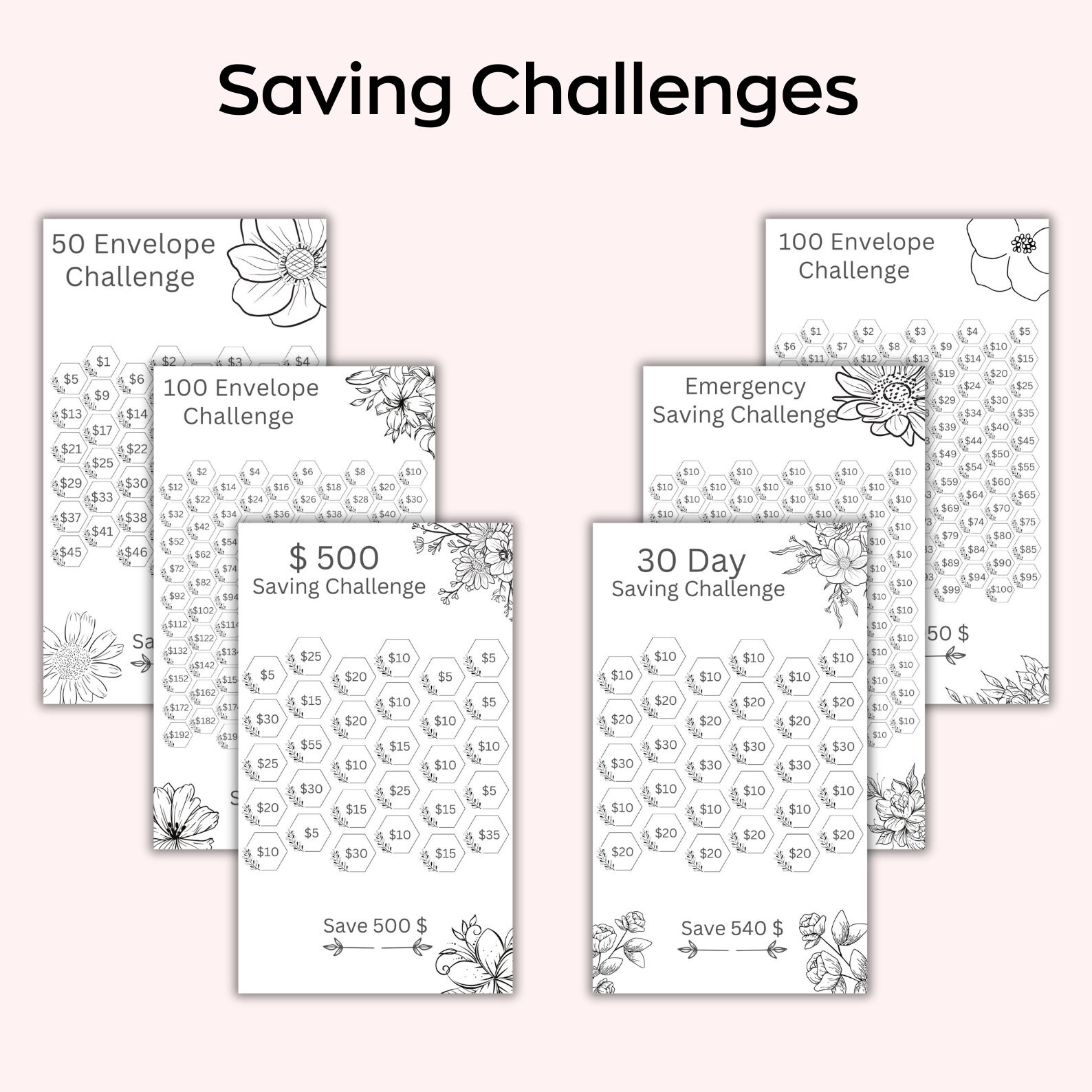 A6 Savings Challenge Printable, Floral Saving Tacker Mega Bundle, 1000 ...