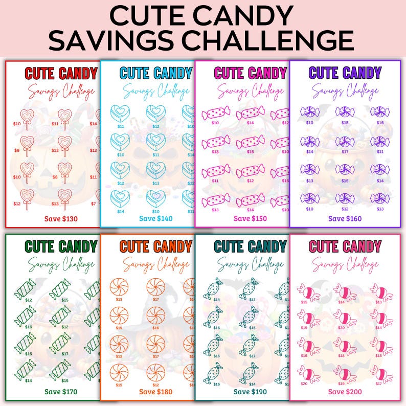 Cute Candy Savings Challenge Printable Bundle, Mini A6 Low-income, Low ...