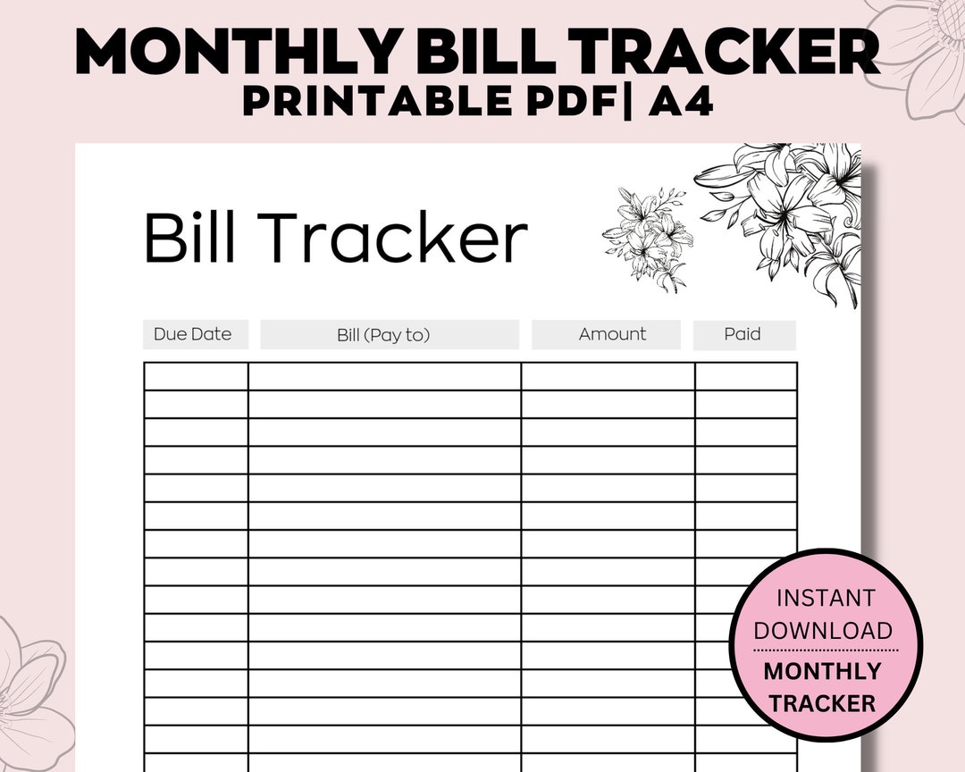 Monthly Bill Tracker, Monthly Bill Tracker Printable, Utility Payment ...