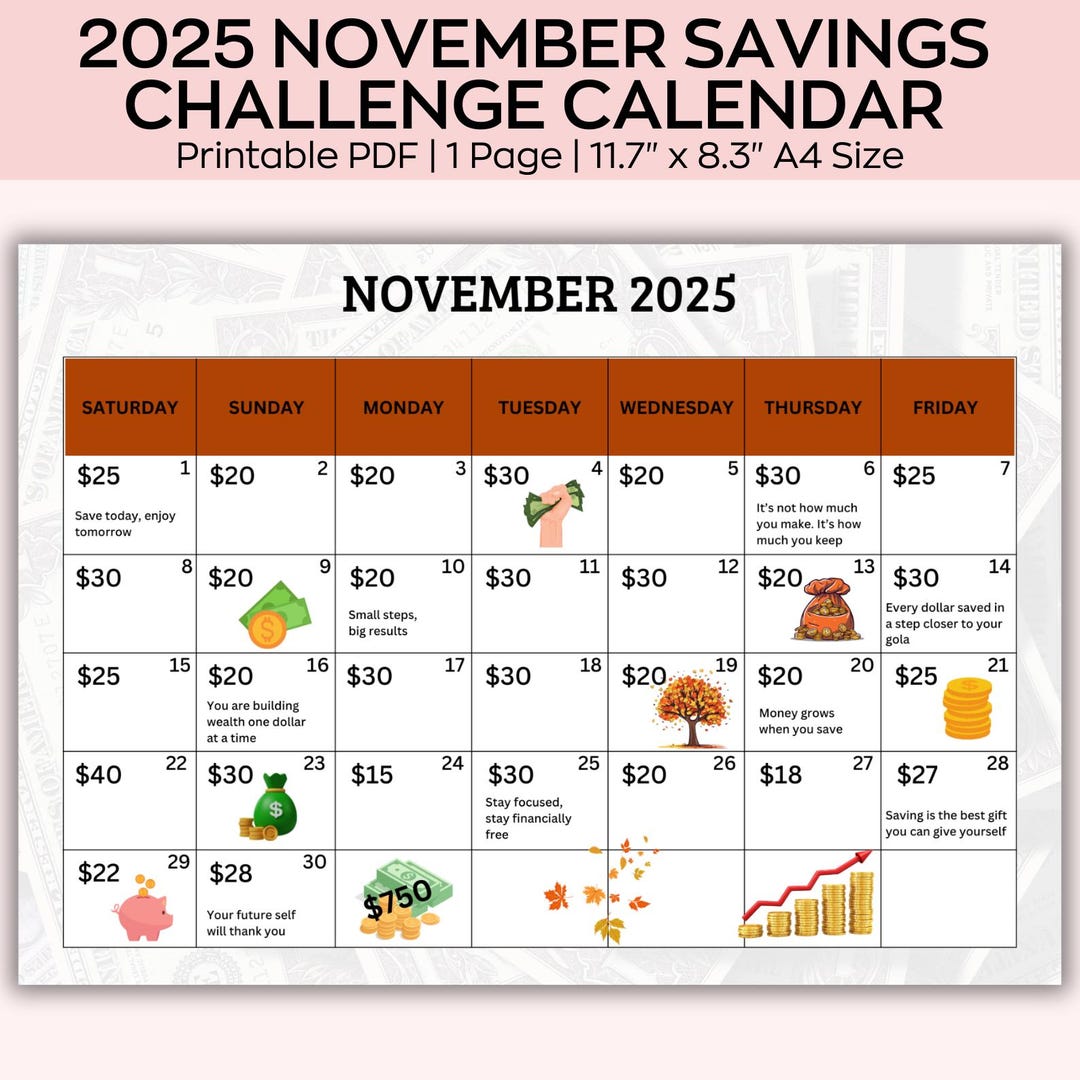 2025 November Calendar Printable, 2025 Savings Challenge, Monthly ...