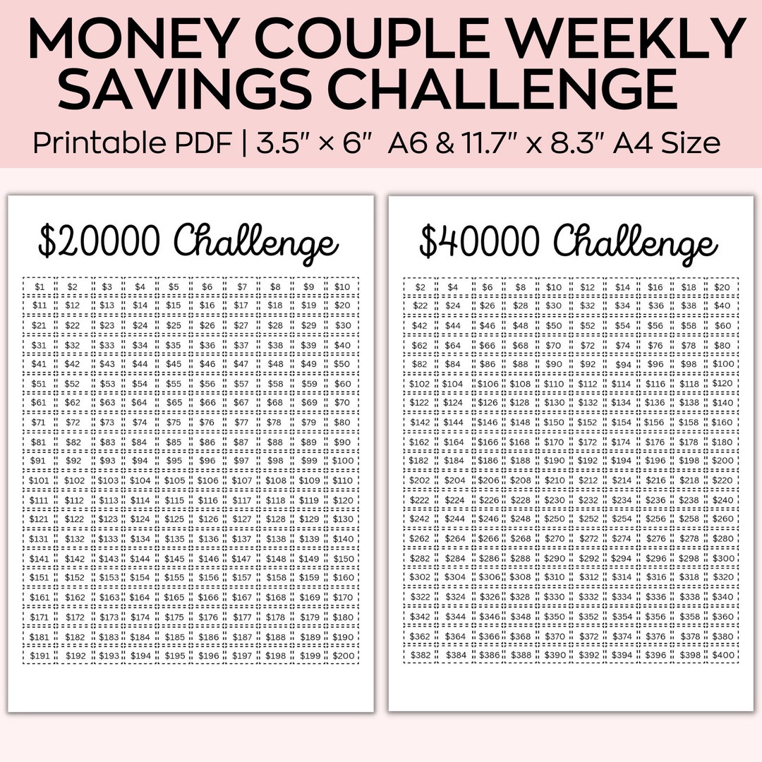 A6 Couple Saving Challenge Printable, 20000,40000 Couple Savings ...