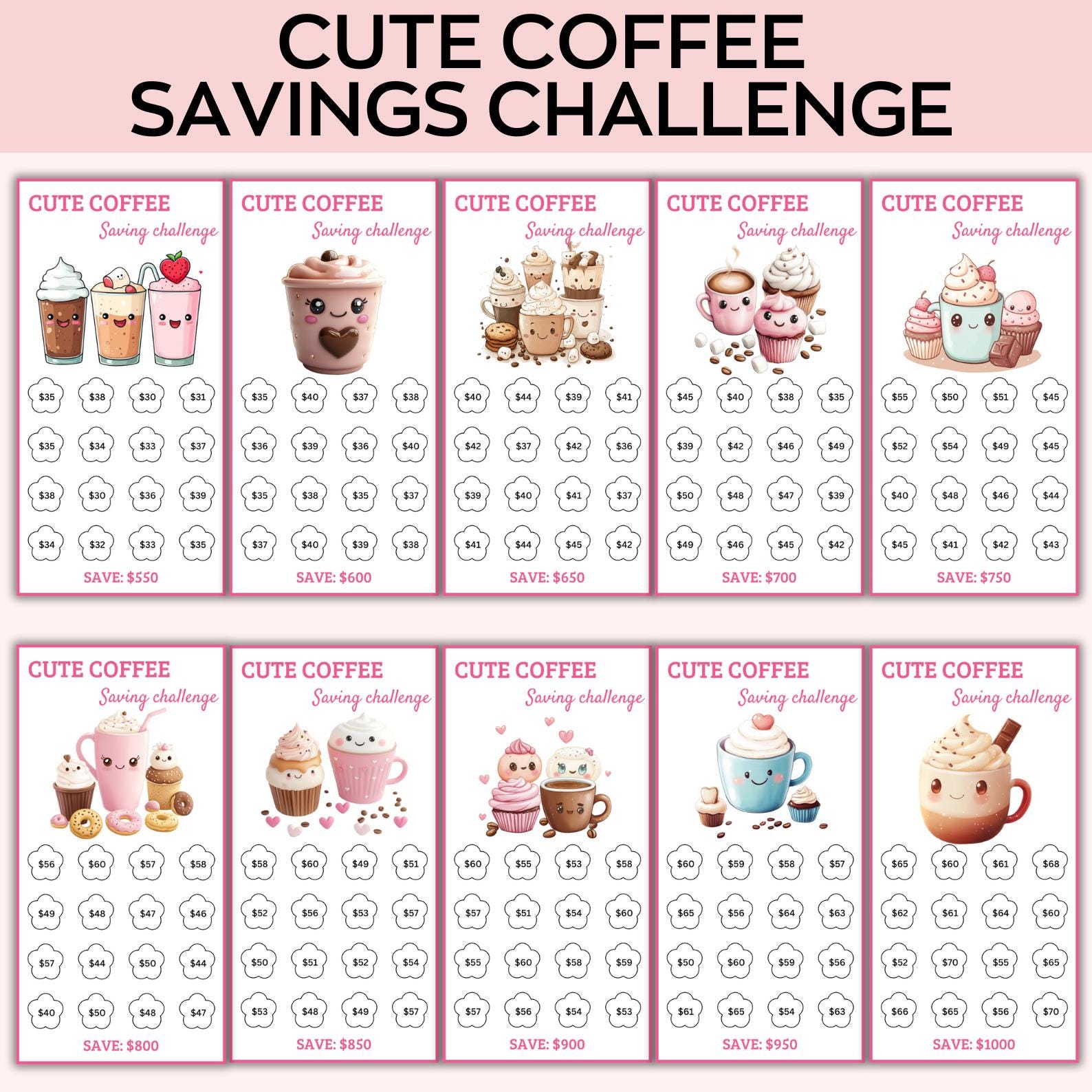 A6 Cute Coffee Savings Challenge Printable Bundle, Delicious Sweets ...