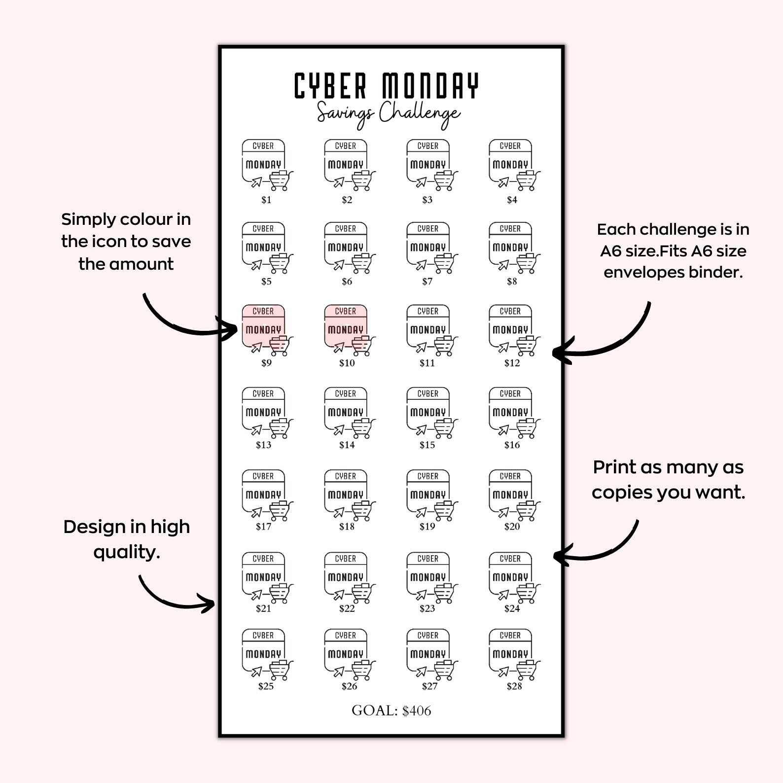 A6 Cyber Monday Savings Challenge, Mini Savings Challenge, Save Dollars ...