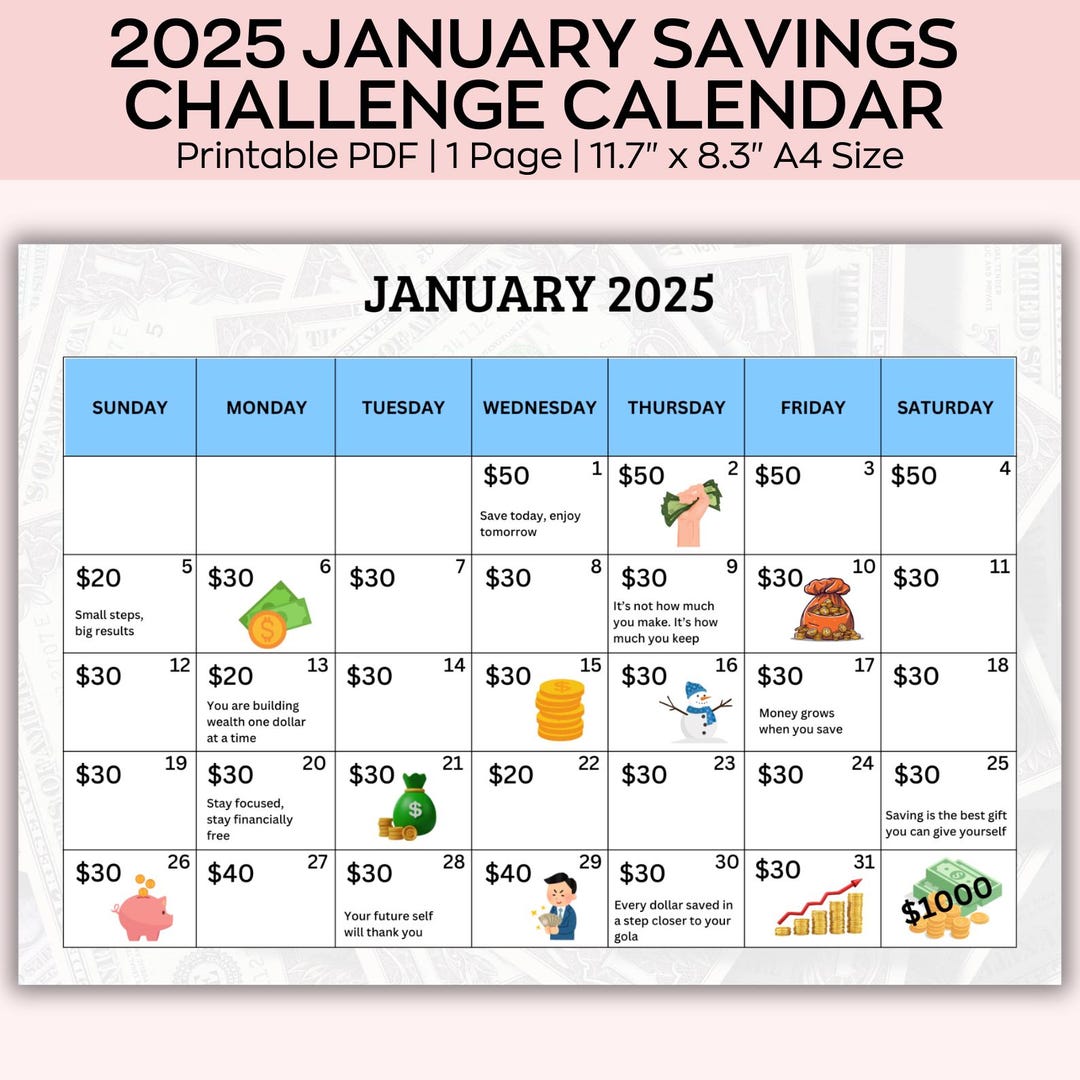 2025 January Calendar Printable, 2025 Savings Challenge, Monthly ...