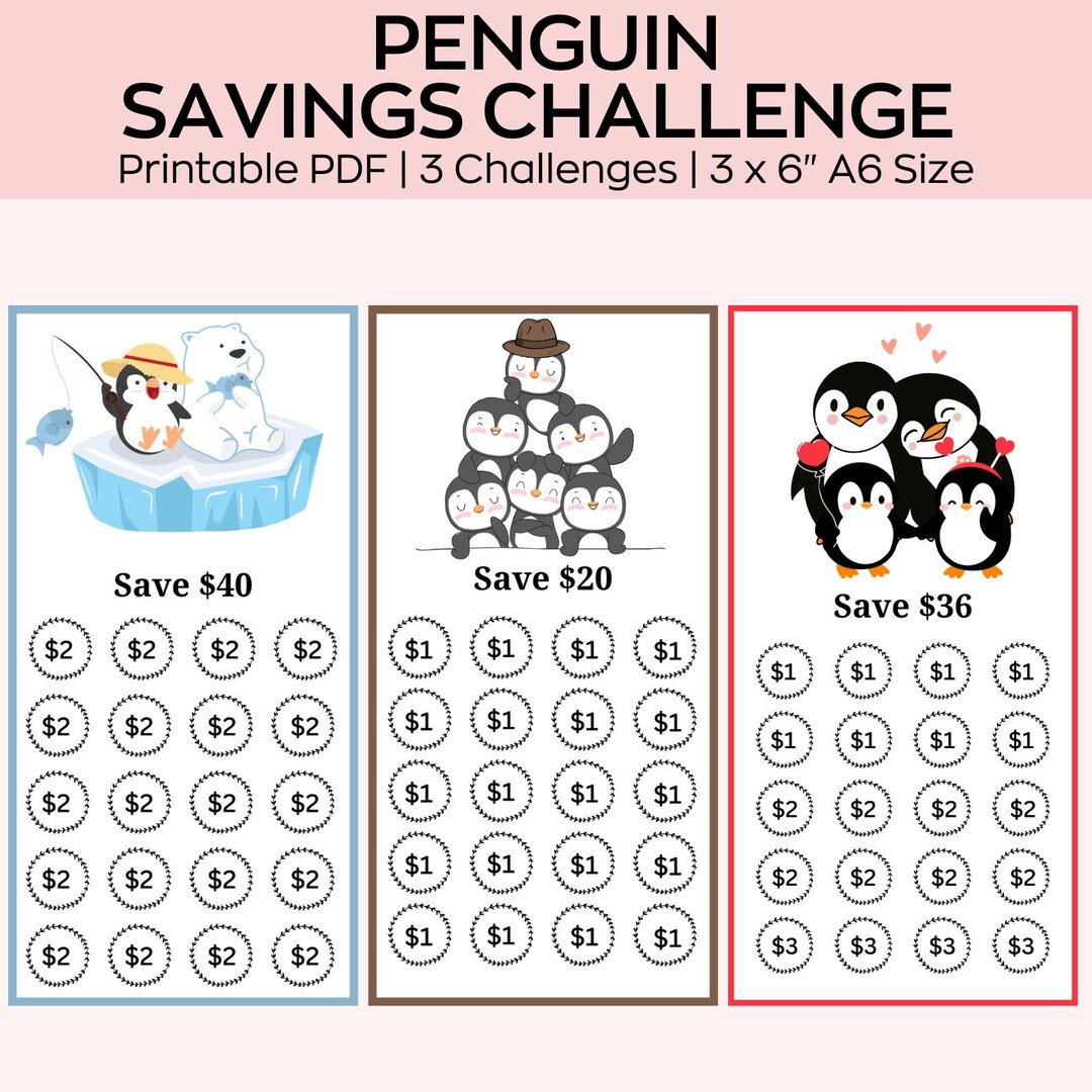 Penguins Mini Savings Challenges, A6 Penguin Saving Challenges, Money ...