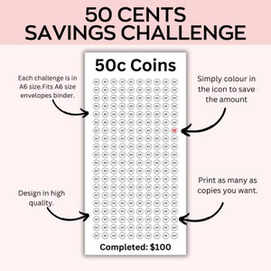 50c Coins or Fifty Cents Money Savings Challenge , A6 and A4 Printable ...