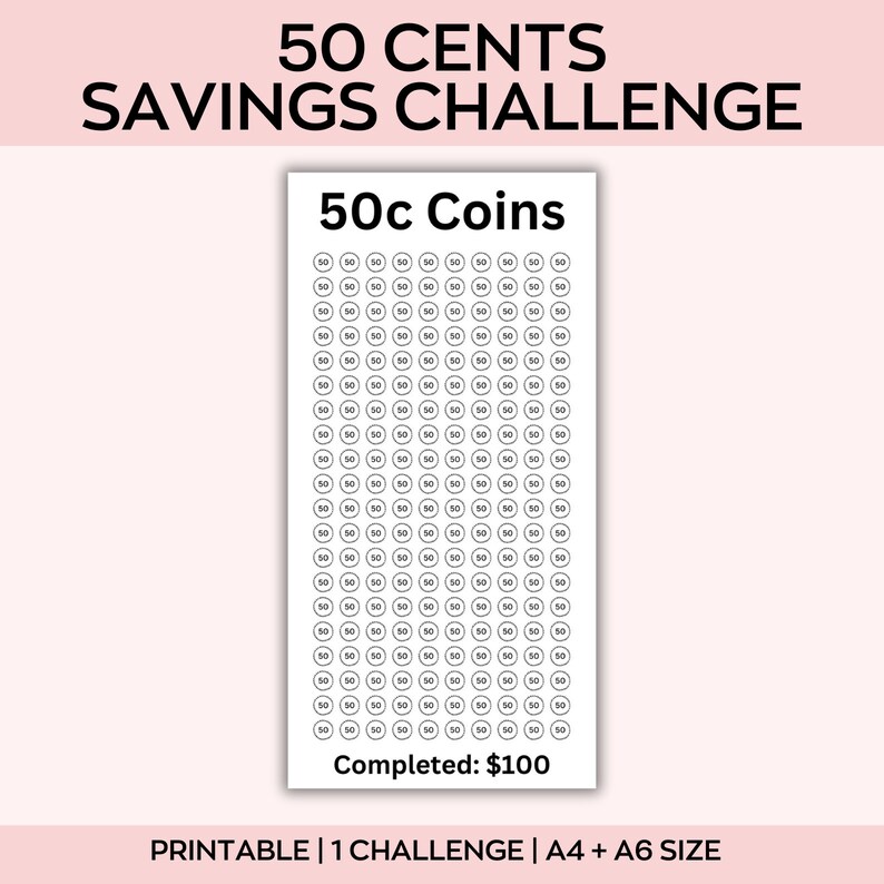 50c Coins or Fifty Cents Money Savings Challenge , A6 and A4 Printable ...