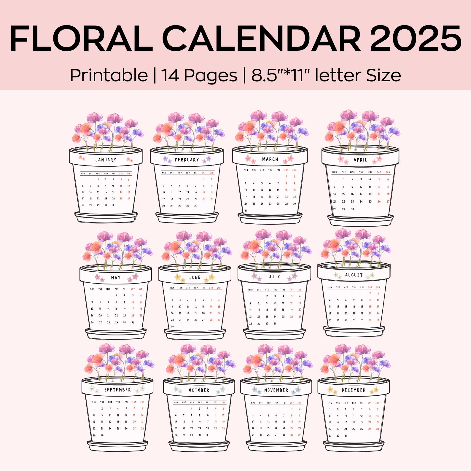 Floral Calendar 2025, Flower Calendar, 2025, Mini Calendar, Water Color ...