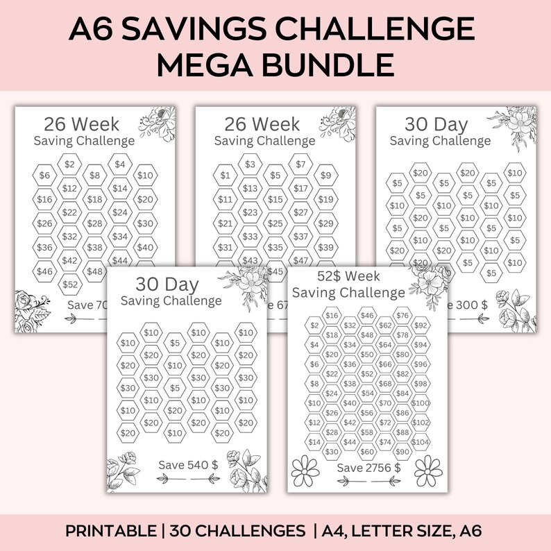 A6 Savings Challenge Printable, Flower Saving Tracker Bundle, Finance ...
