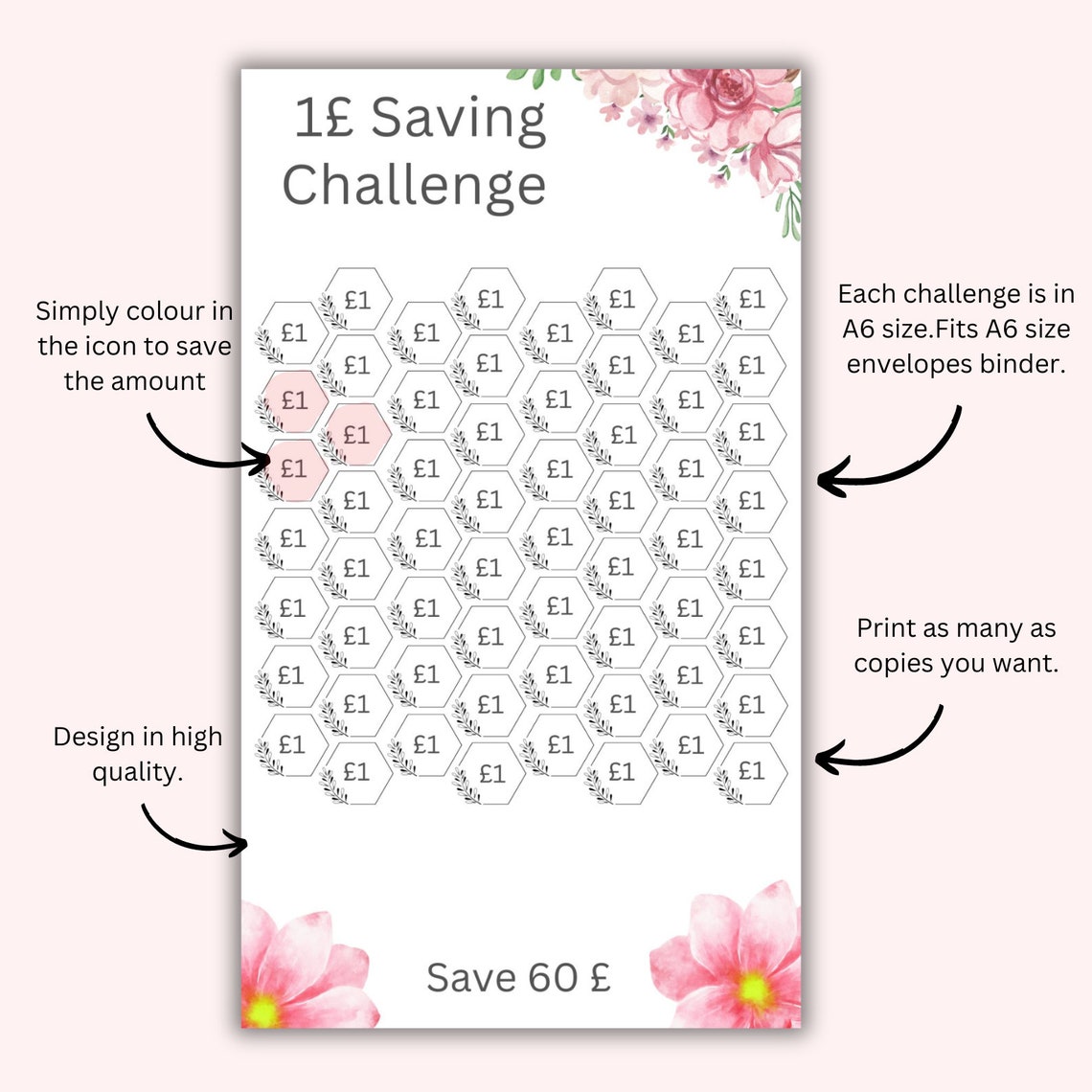 Pounds Saving Challenge Printable, Floral Saving Tacker, Cash Budgeting ...