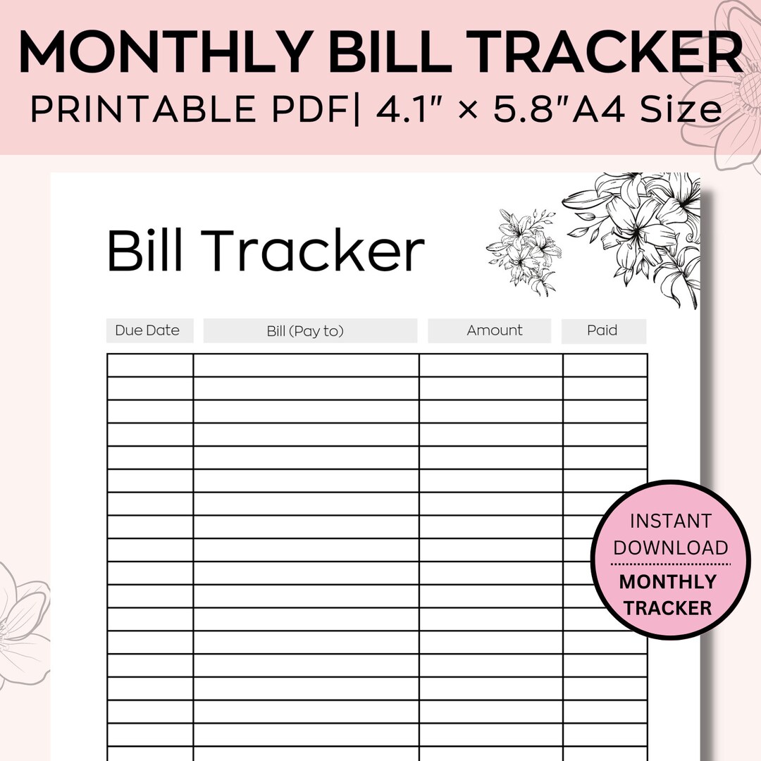 Monthly Bill Tracker, Monthly Bill Tracker Printable, Utility Payment ...