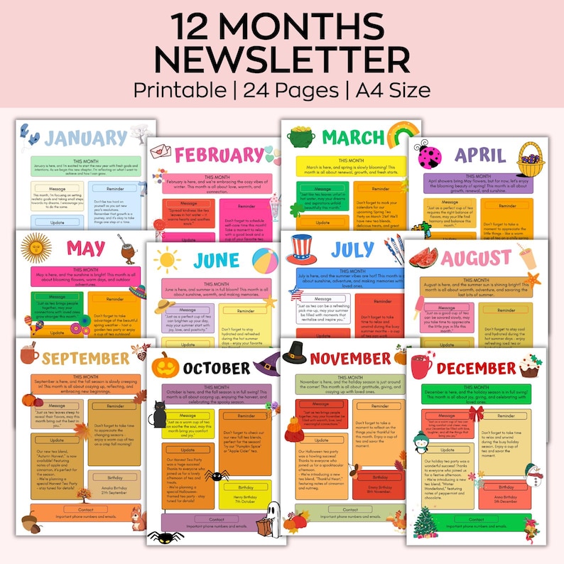 12 Months Fully Editable Newsletter Template Bundle, Teacher Note ...