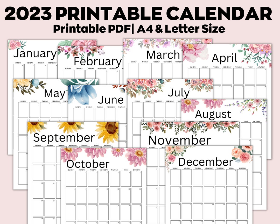 2023 Calendar Printable Bundle, Desk Calendar Monthly, Flowers ...