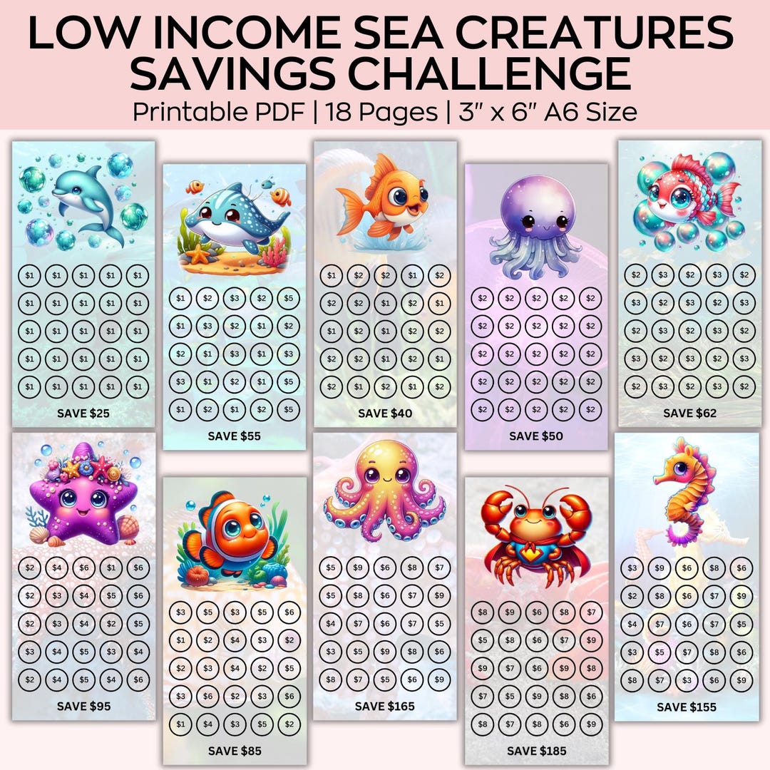 Low Income Cute Sea Creatures Savings Challenge Printable, Cash Budget ...