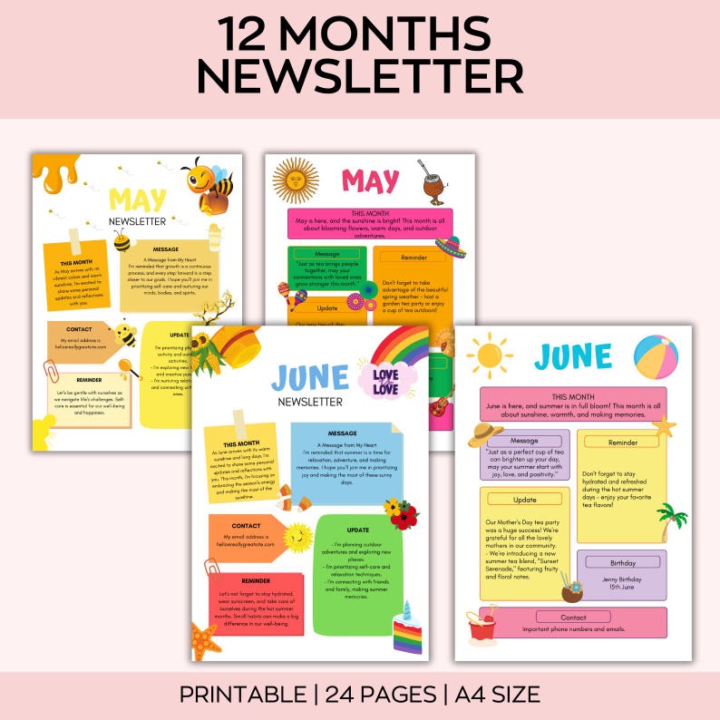 12 Months Fully Editable Newsletter Template Bundle, Teacher Note ...