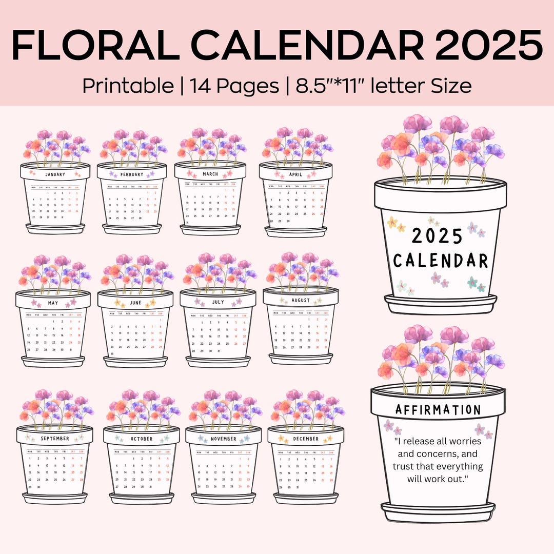 Floral Calendar 2025, Flower Calendar, 2025, Mini Calendar, Water Color ...