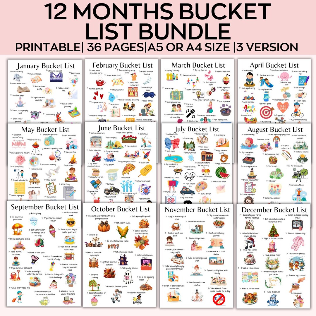 12 Monthly Bucket List Bullet Journal Bundle,monthly to Do List ...