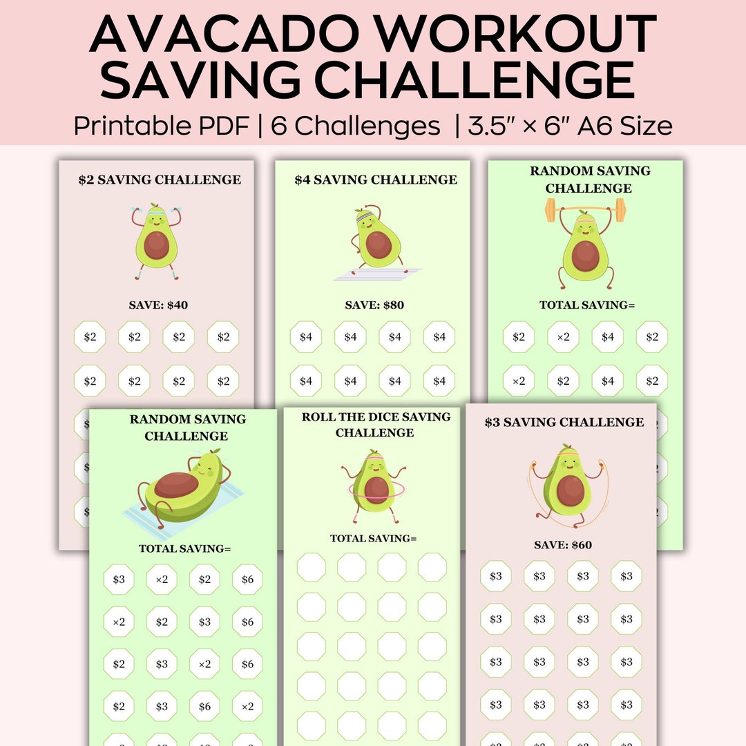 Avocado Work Out Savings Challenge, A6 Savings Tracker Printable, Low ...