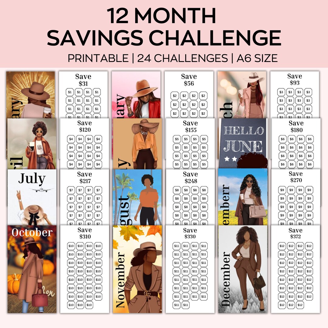A6 12 Month Savings Challenge Printable , Black Girl Savings, Travel ...