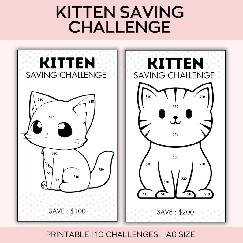 A6 Kitten Savings Challenge, Coloring Savings Printable, Kids Savings ...