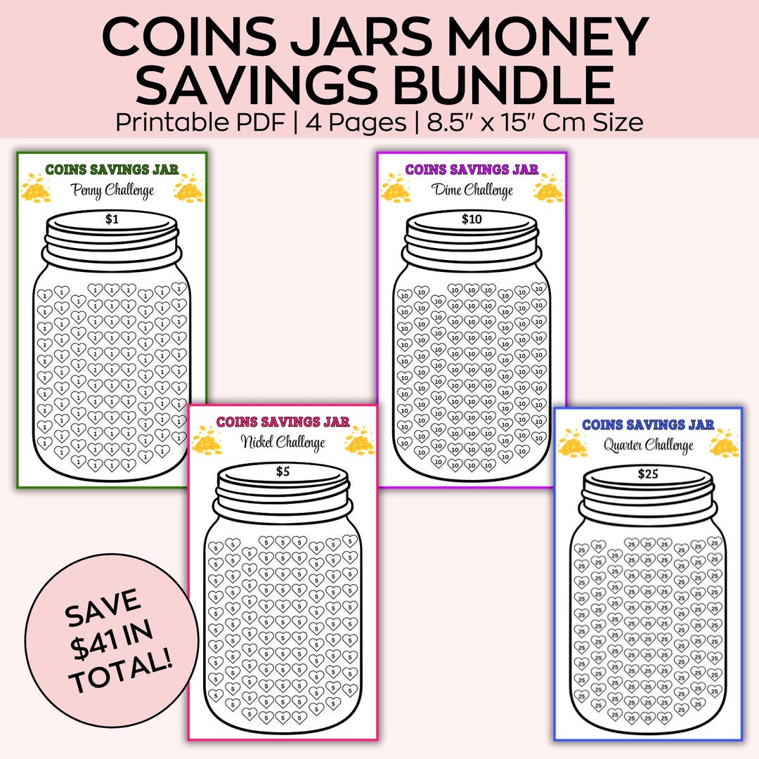 Coin Jars Money Savings Challenge, A6 Printable Coin Saving Tracker, A6 ...