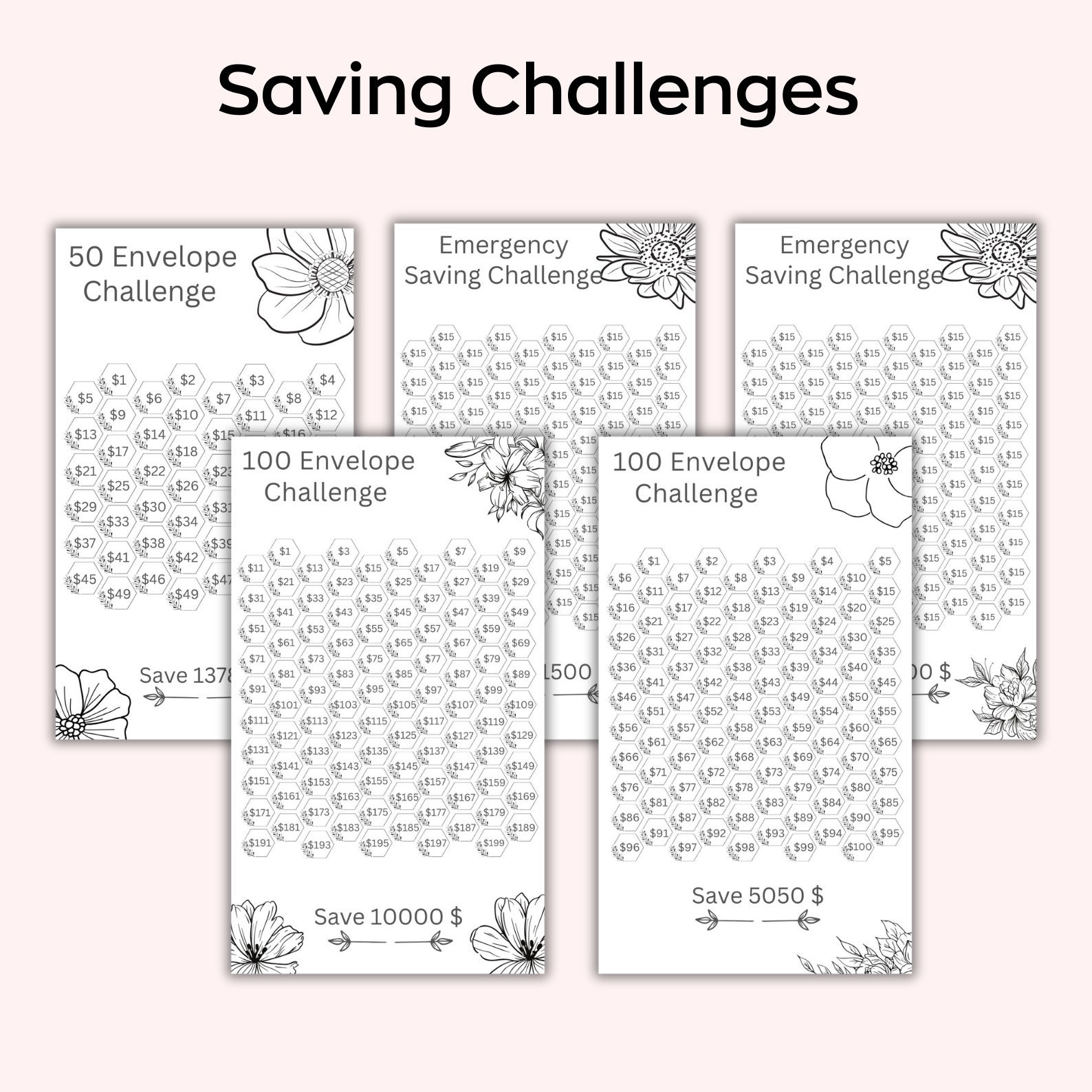 A6 Savings Challenge Printable, Floral Saving Tacker Mega Bundle, 1000 ...
