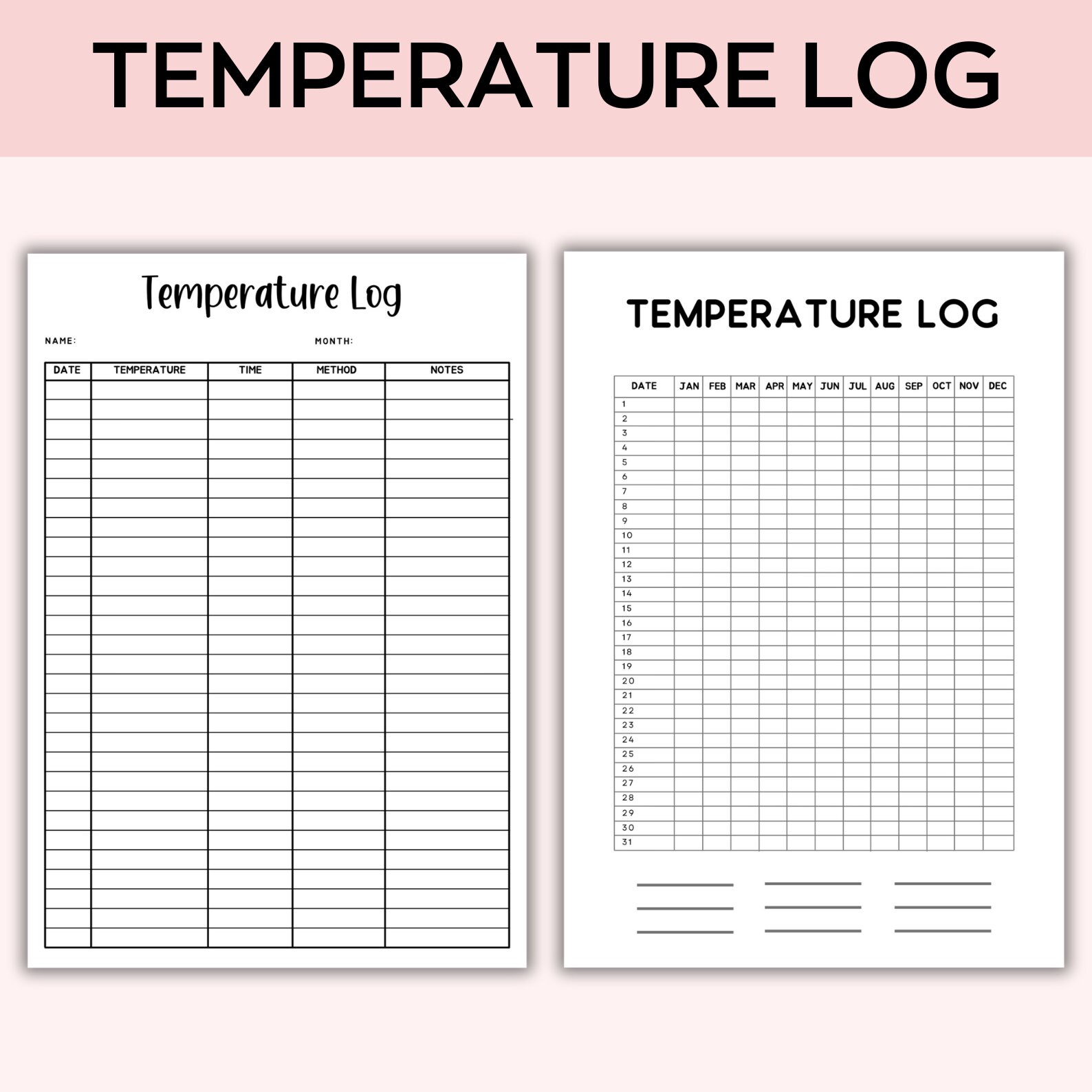 Temperature Log Tracker Bundle, Printable A5 Journal Page, Temperature ...