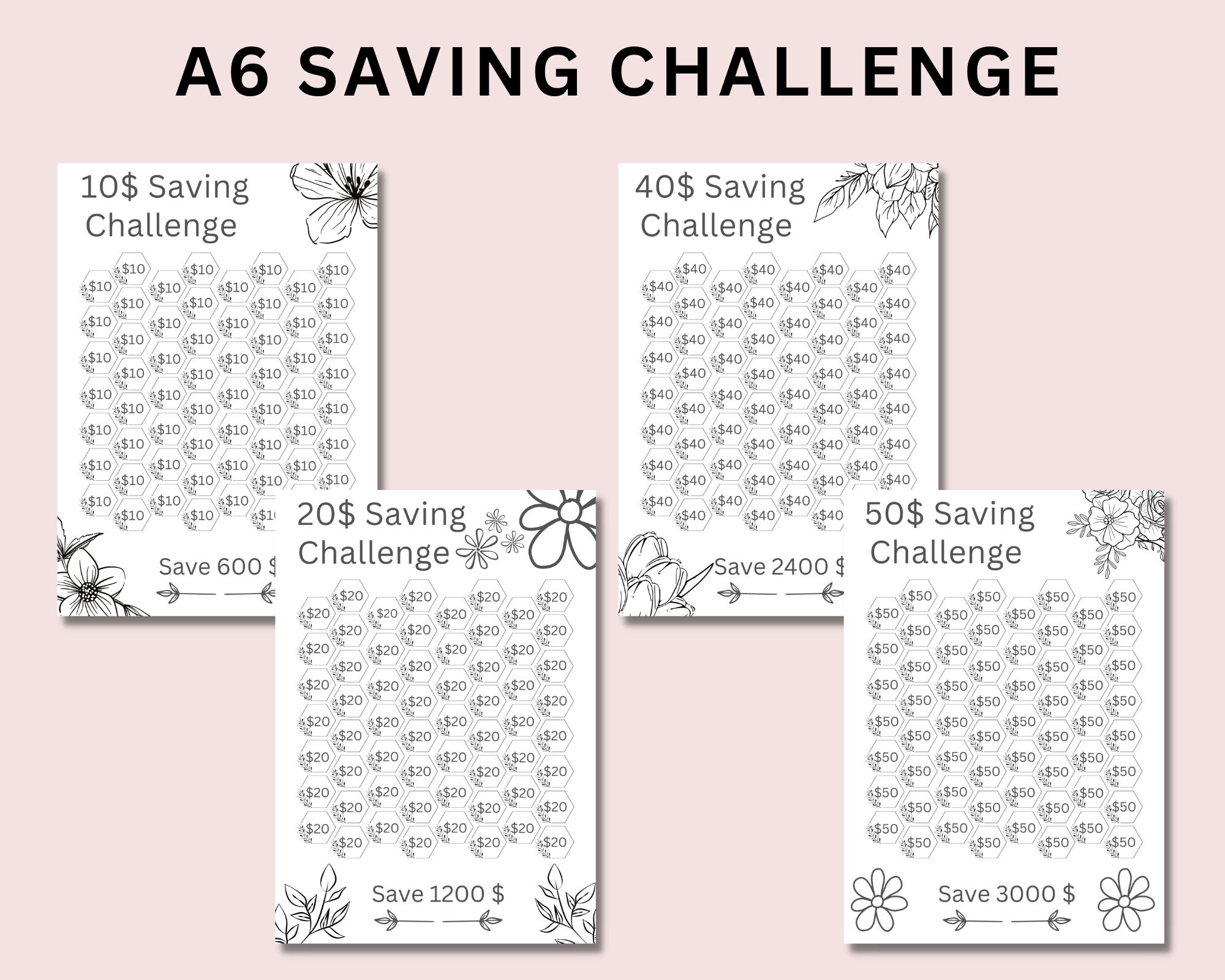 A6 Saving Challenge Printable Bundle, Saving Money Tracker, A6 Sized ...
