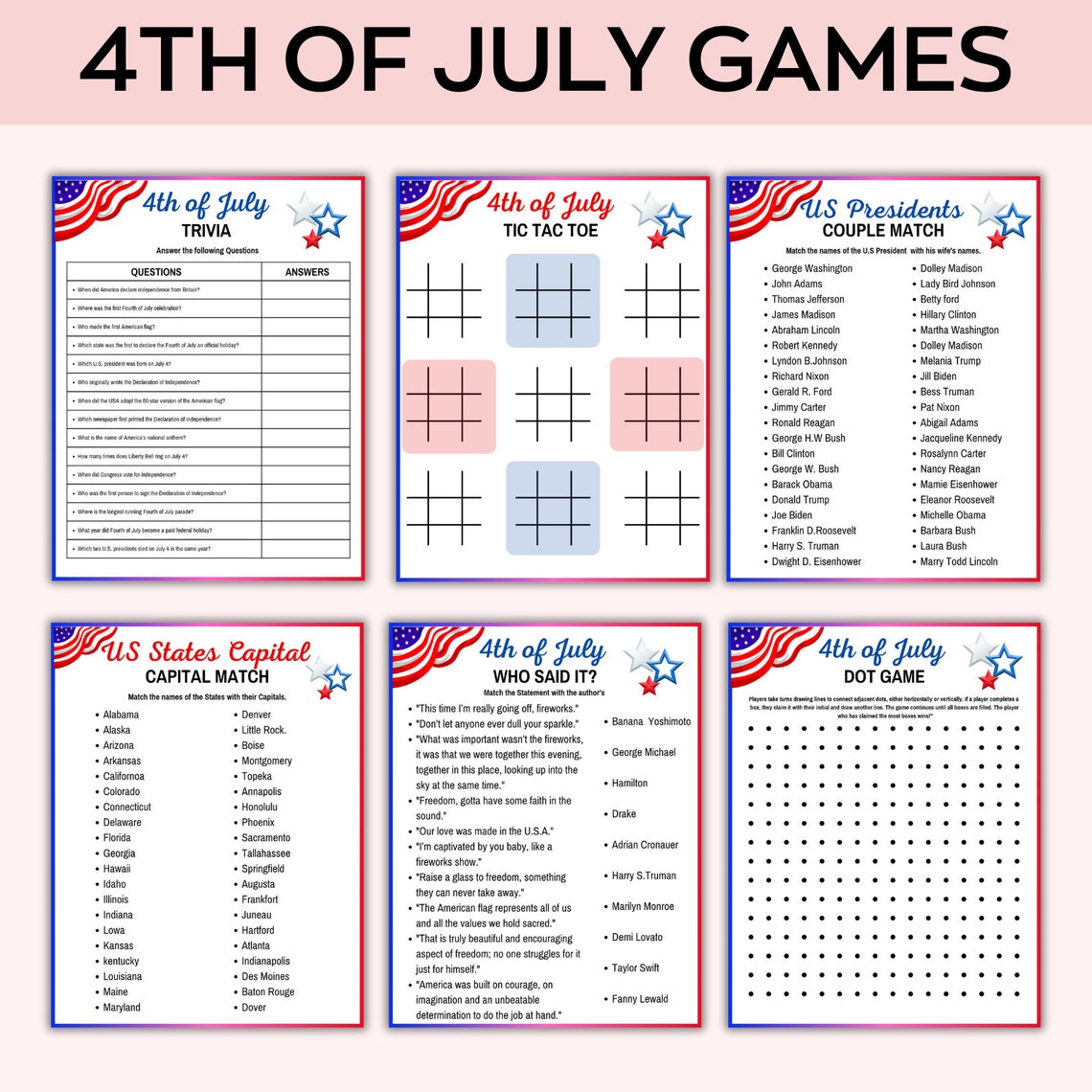 Printable 4th of July Games, Independence Day Games, 4th of July Picnic ...