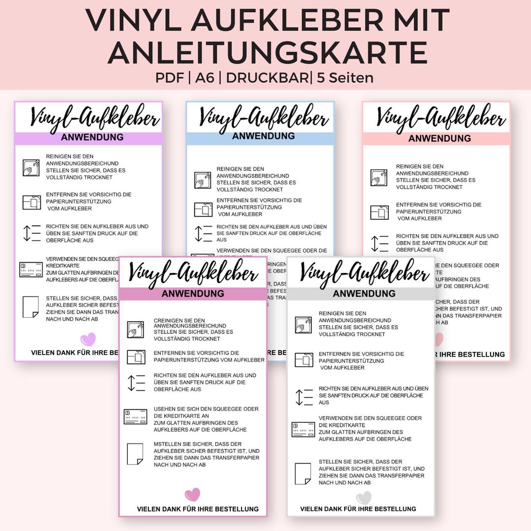 Vinyl Decal, Printable Vinyl Decal Care Card Instructions, Druckbare ...