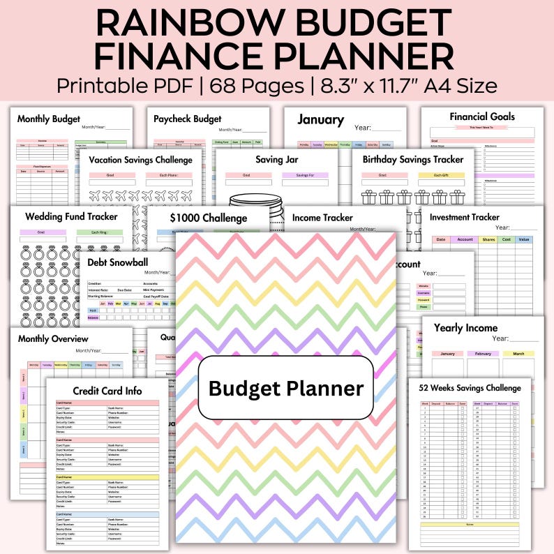 Rainbow Budget Finance Planner Bundle Printable, Digital Finance ...