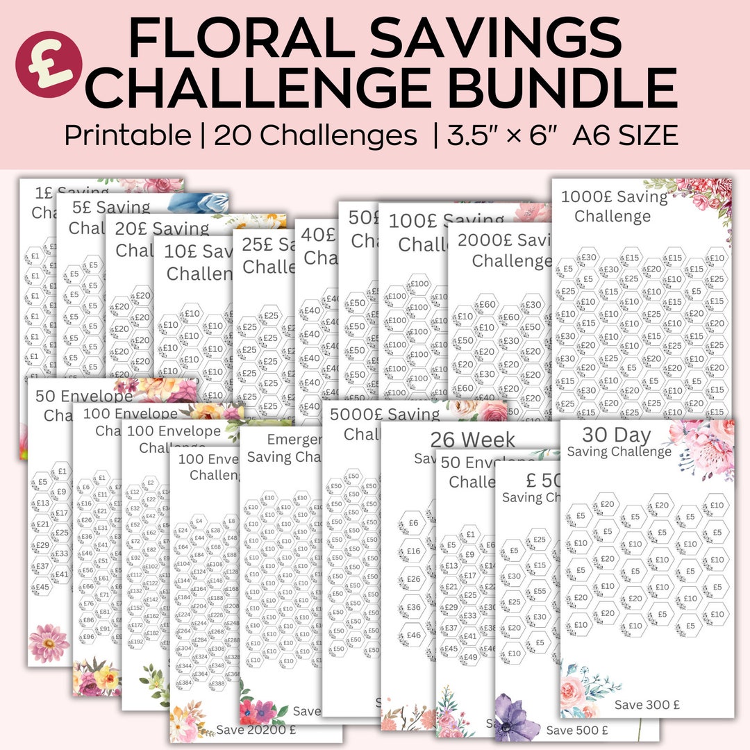 Pounds Saving Challenge Printable, Floral Saving Tacker, Cash Budgeting ...