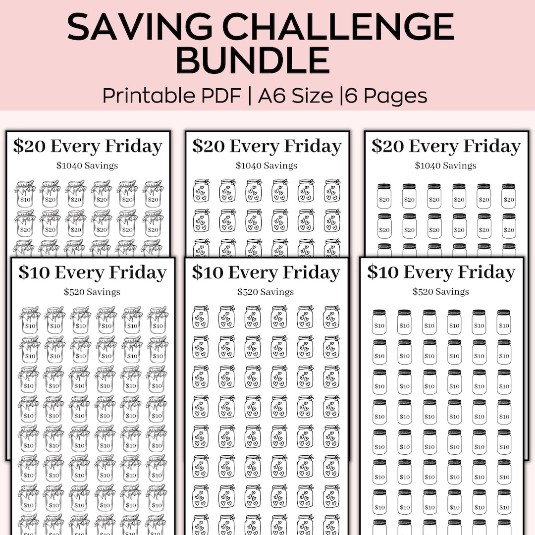 Mini Savings Challenge Printable Bundle, Save 10 to 20 Dollars Every ...
