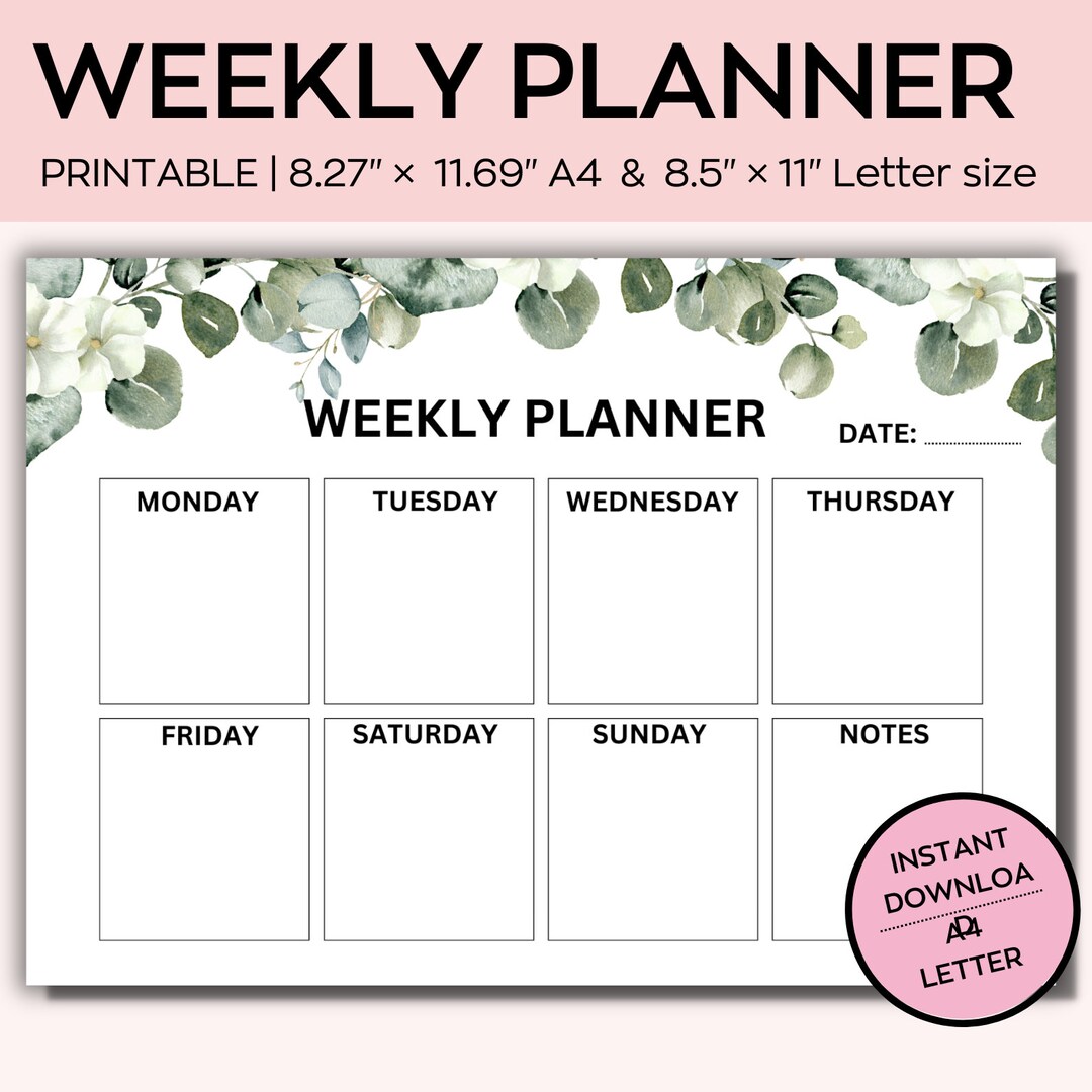 Watercolor Weekly Planner Printable, Week at a Glance, Weekly Organizer ...