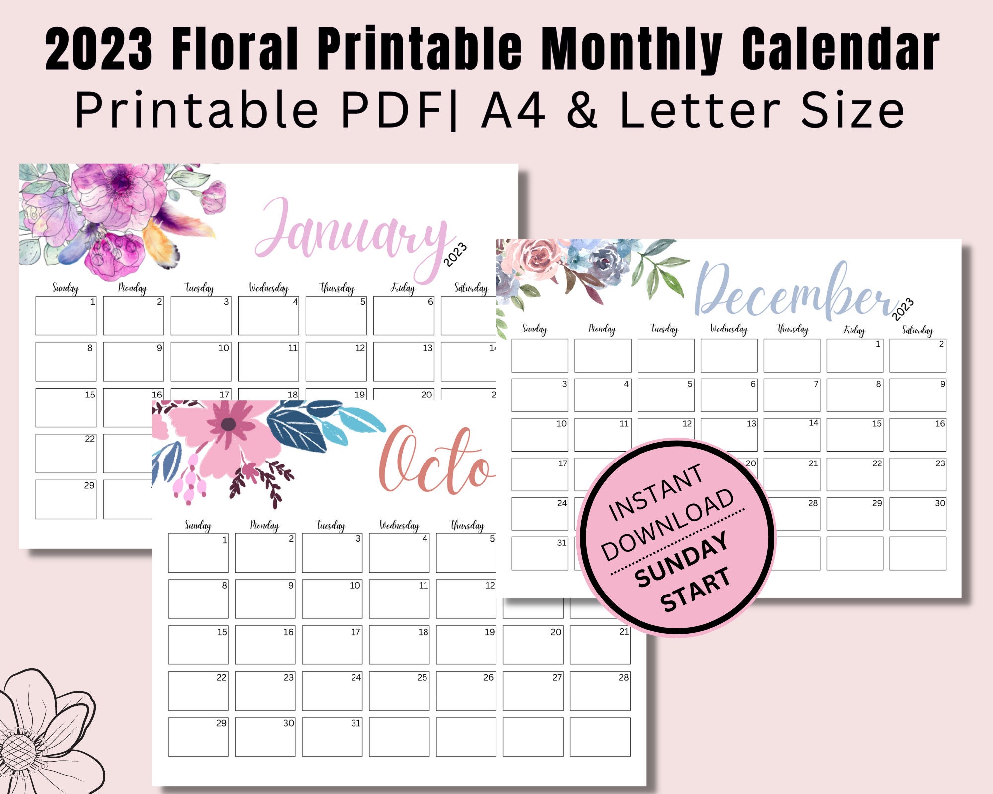 2023 Floral Printable Monthly Calendar Watercolor Landscape - Etsy
