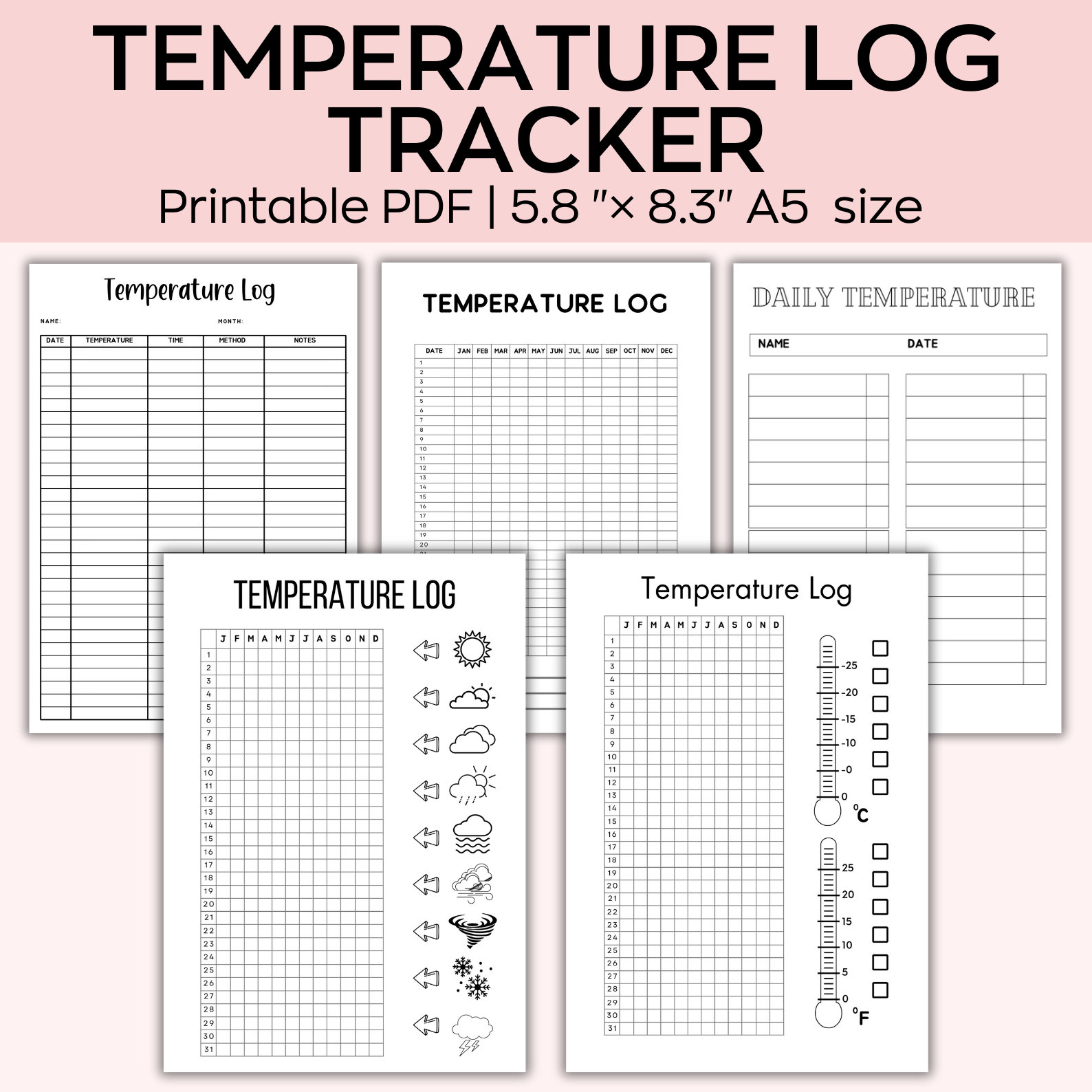 Temperature Log Tracker Bundle, Printable A5 Journal Page, Temperature ...