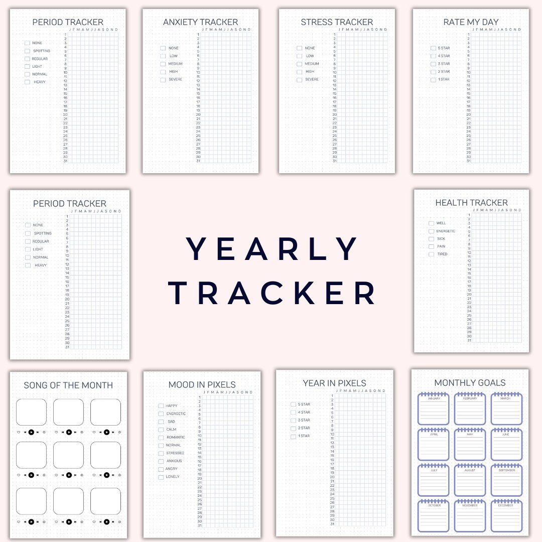 Yearly Trackers Bundle, Printable Bullet Journal, Motivational Planner ...
