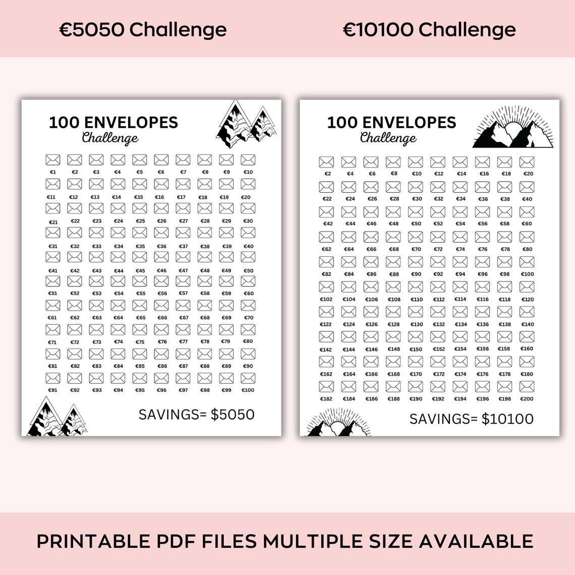 Euro 100 Envelope Saving Challenge,a6 Mountain Saving Tracker,cash ...