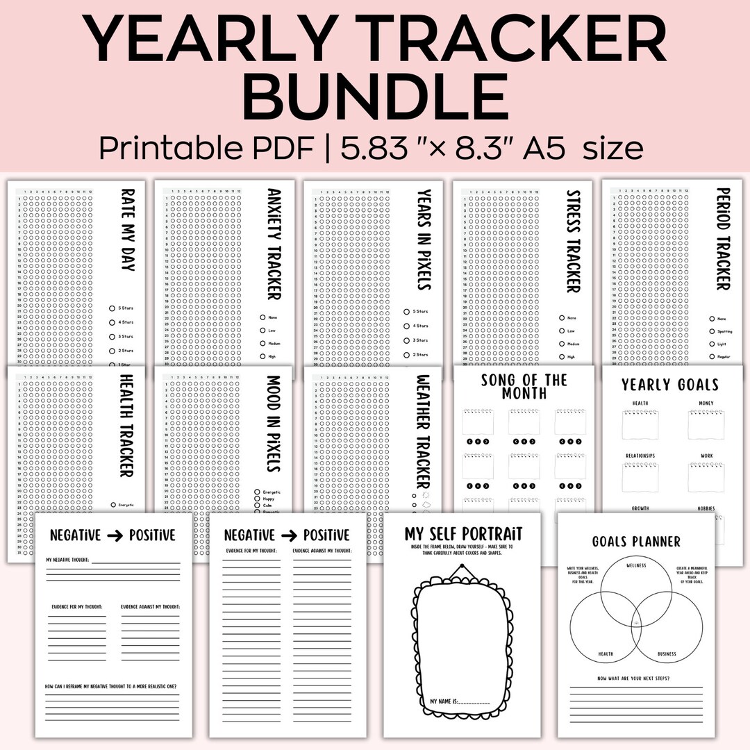 Yearly Goals Printable Bundle Tracker, A5 Health and Mood Tracker ...