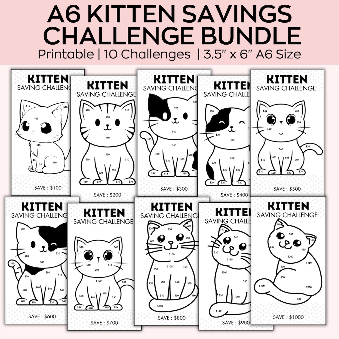 A6 Kitten Savings Challenge, Coloring Savings Printable, Kids Savings ...
