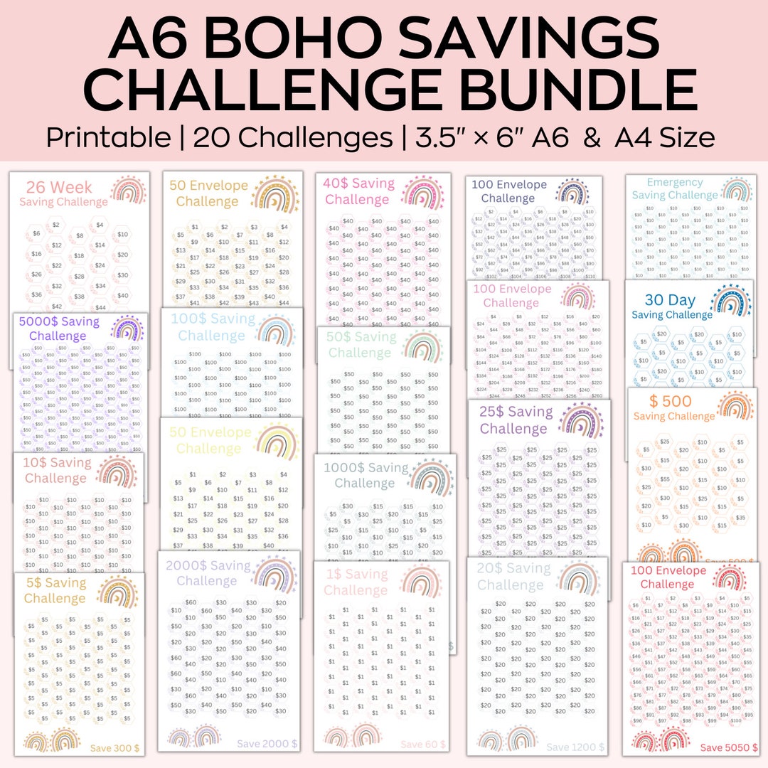 A6 Savings Challenge Printable, Boho Saving Money Tracker Bundle ...