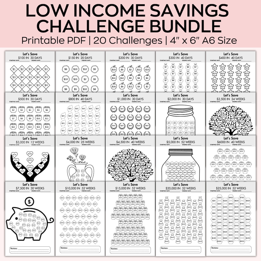 Low Income Savings Challenge Bundle, A6 Money Saving Printable, Monthly ...