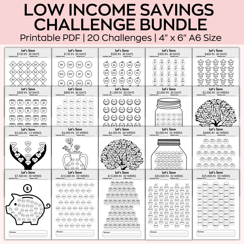 Low Income Savings Challenge Bundle, A6 Money Saving Printable, Monthly ...
