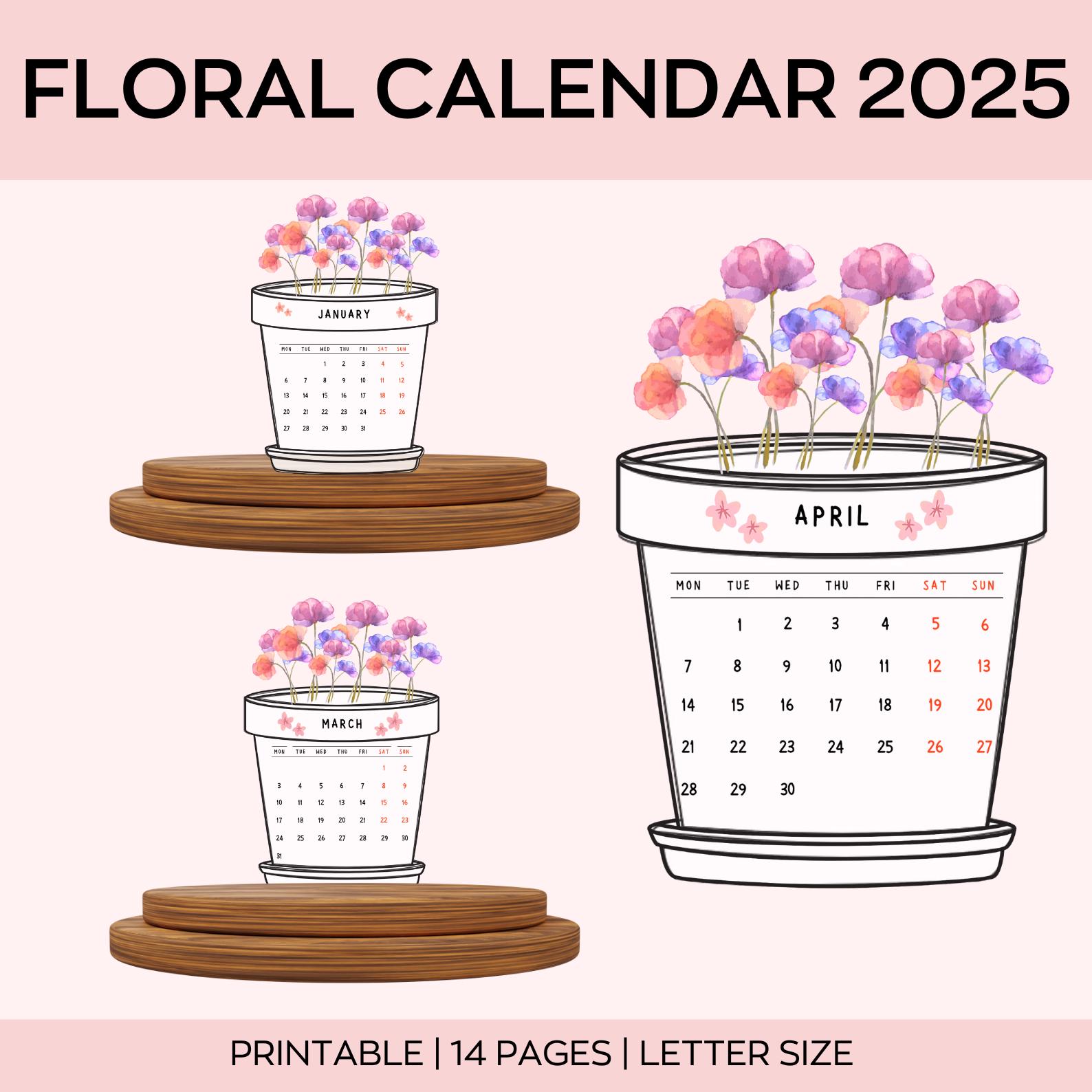 Floral Calendar 2025, Flower Calendar, 2025, Mini Calendar, Water Color ...