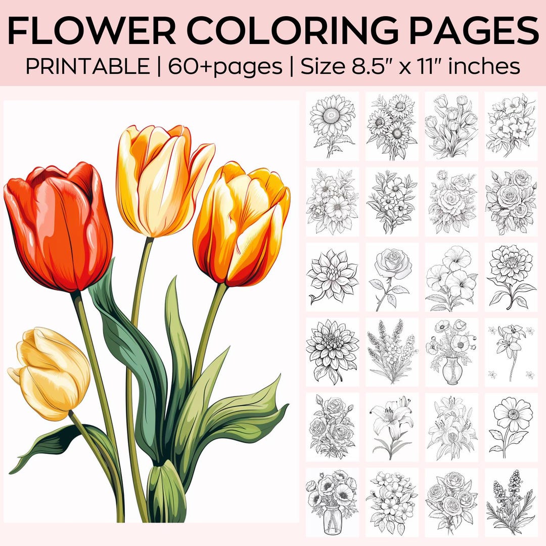 Elegant Flower Coloring Pages, Adults and Kids Coloring Book, Greyscale ...
