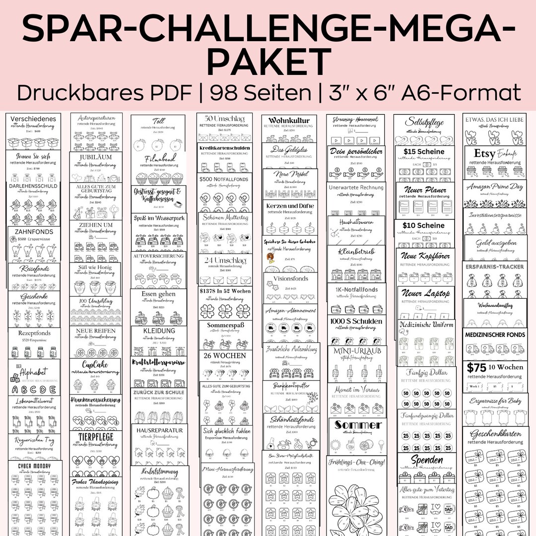 Money Savings Challenges Mega Bundle, A6 Spar Saving Tracker Printables ...