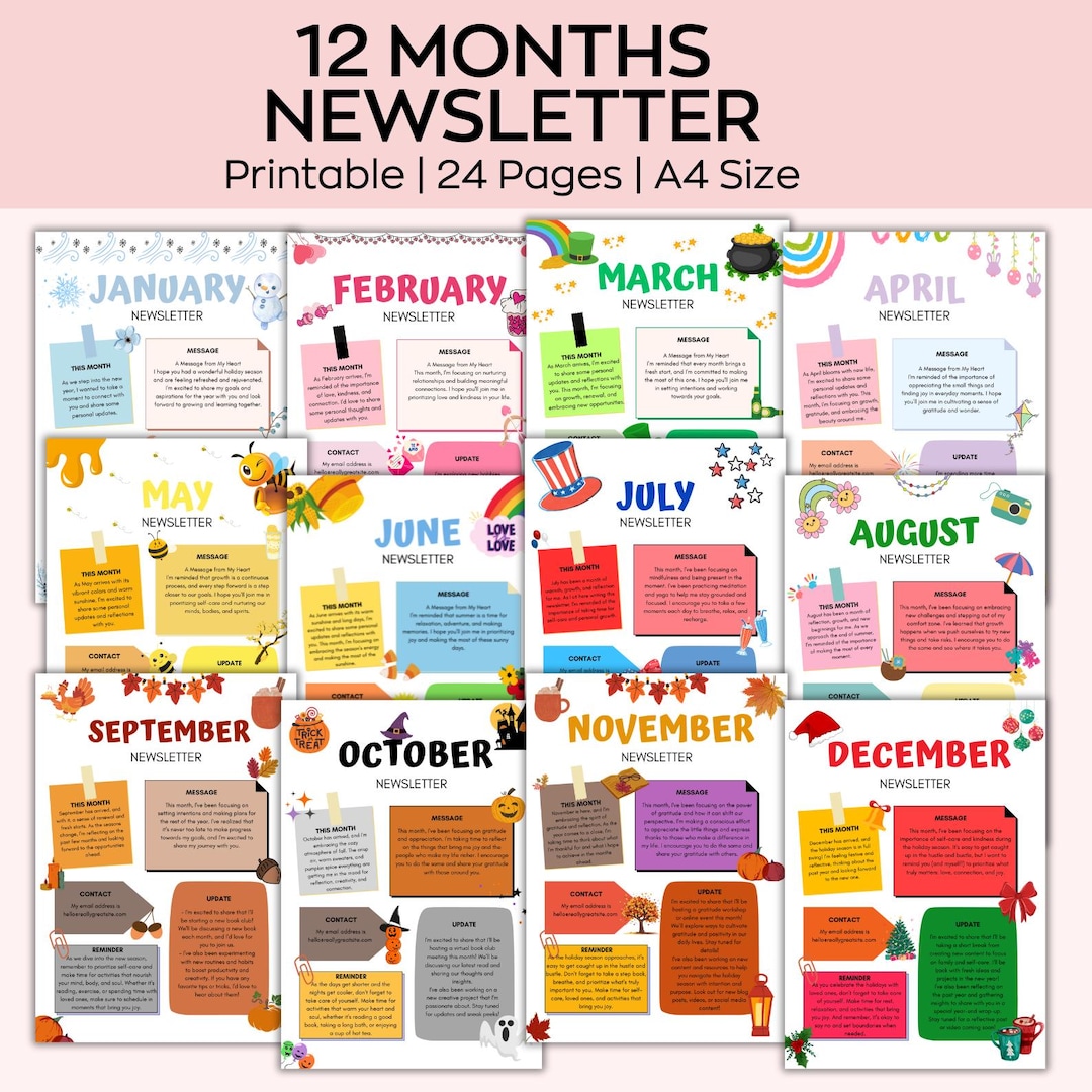 12 Months Fully Editable Newsletter Template Bundle, Teacher Note ...