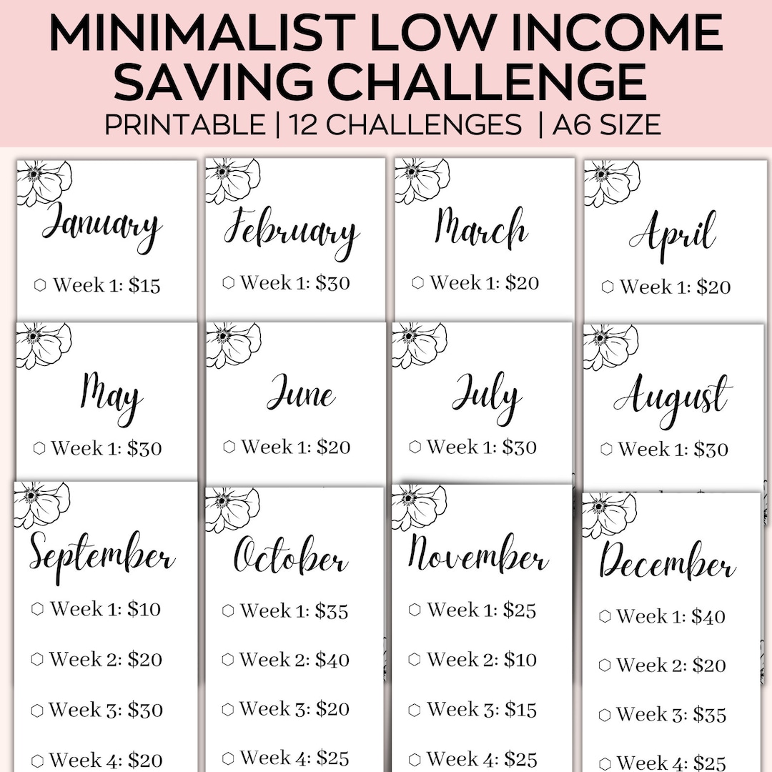 Minimalist Low Income Savings Challenge Printable, Monthly Money Saving ...